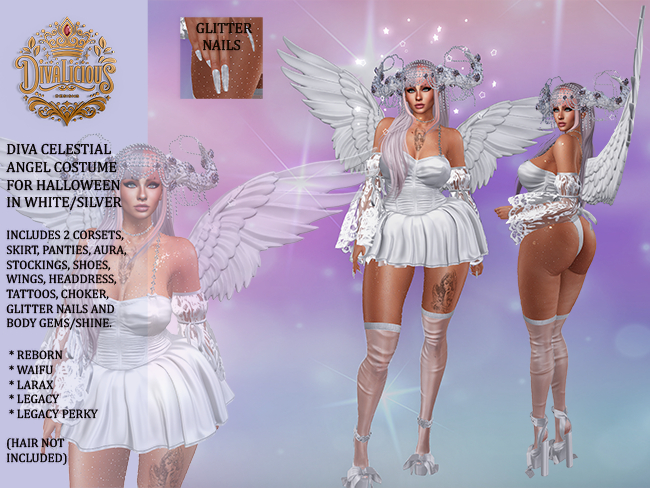 Second Life Marketplace - Diva Celestial Angel Costume V1 in White REBORN | WAIFU | LEGACY ...